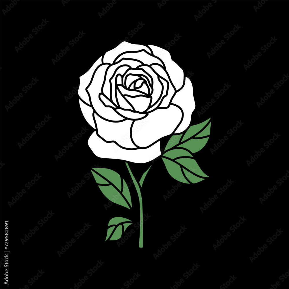 Doodle white rose with laf icon Hand drawing art Flower stencil Vector ...