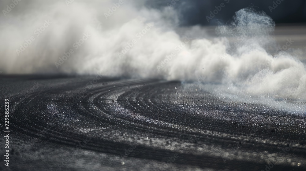 Aerial view abstract background with tire marks and smoke on race track ...