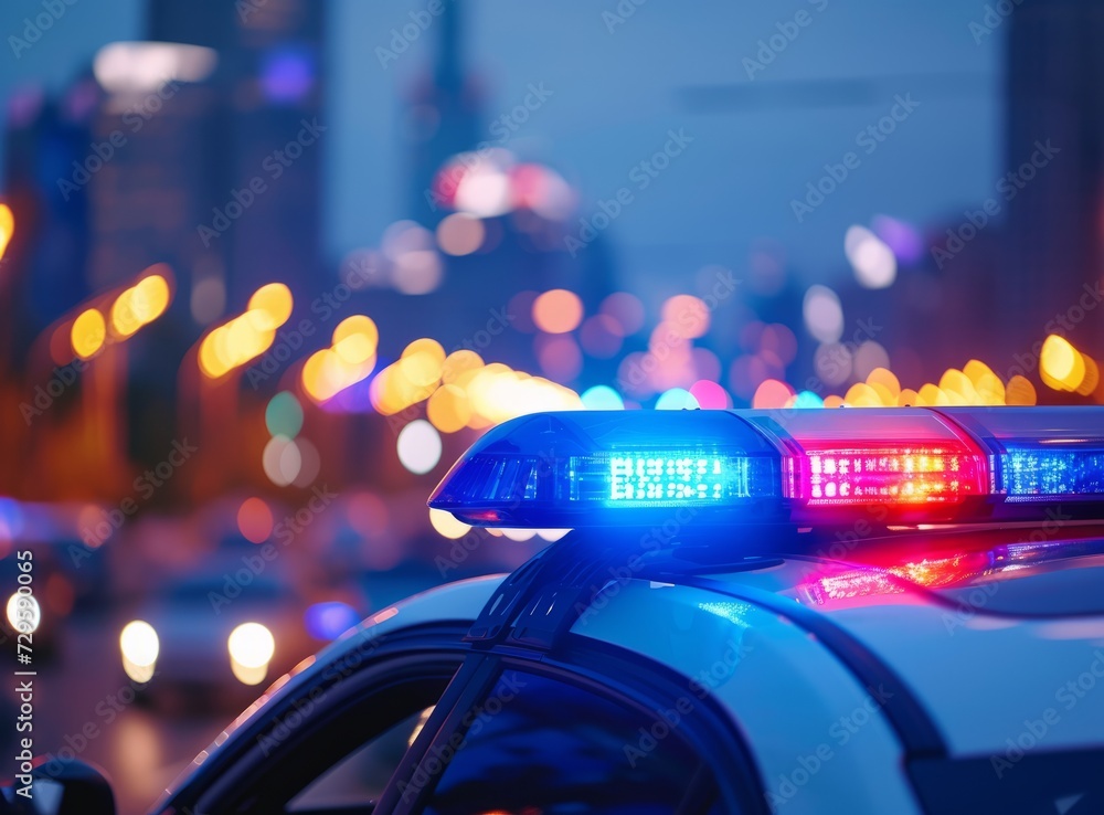 Emergency lights of a police car in a night city landscape. Security ...