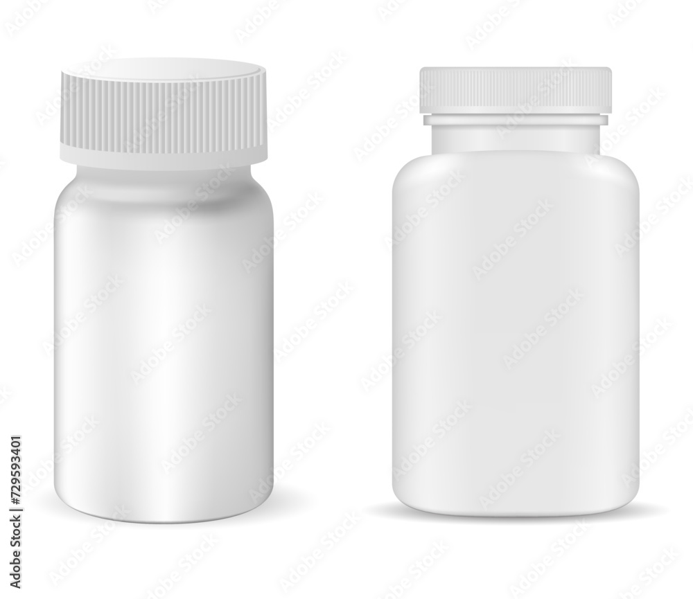 Plastic pill bottle mockup. Supplement capsule jar, isolated realistic ...