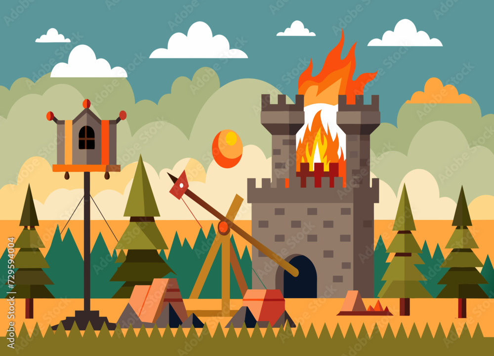 A medieval siege battle with catapults and flaming projectiles. vektor ...