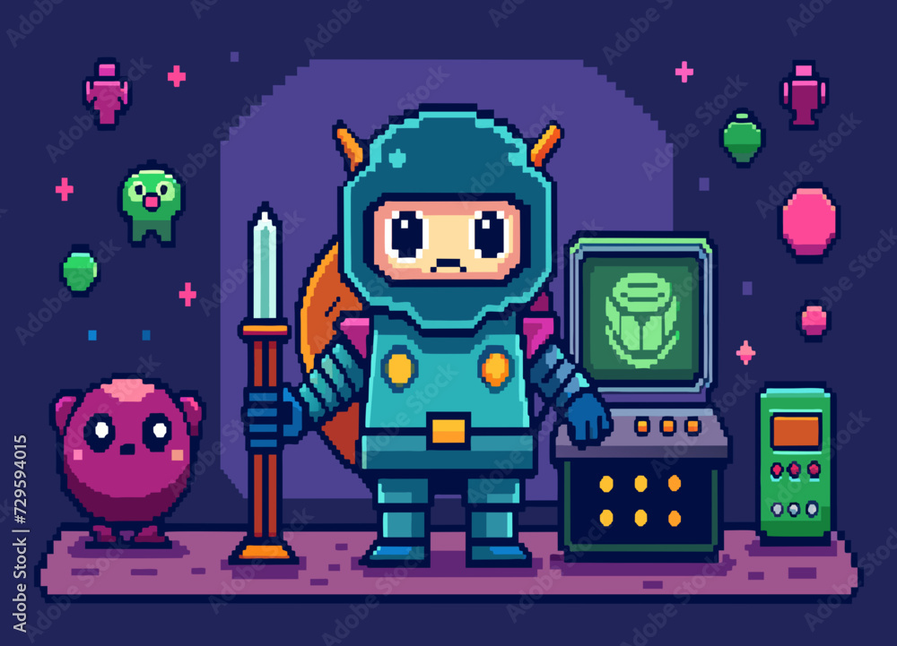 A pixel-art retro arcade game screen with a character and enemies ...