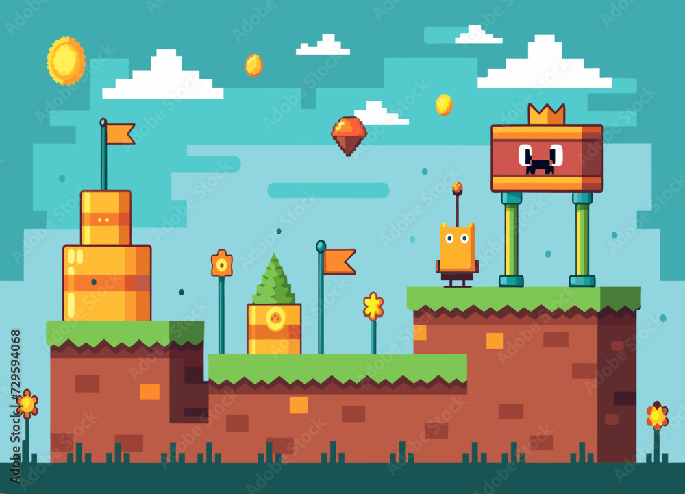 A pixel-art platformer game level with obstacles and collectible items ...