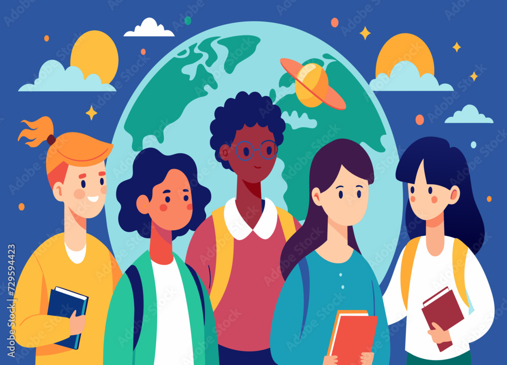 A diverse group of students participating in a global exchange program. vektor illustation Stock ...