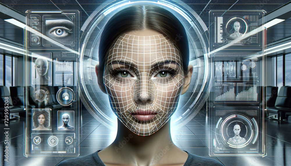 A Futuristic Female Face With A Digital Facial Recognition Grid