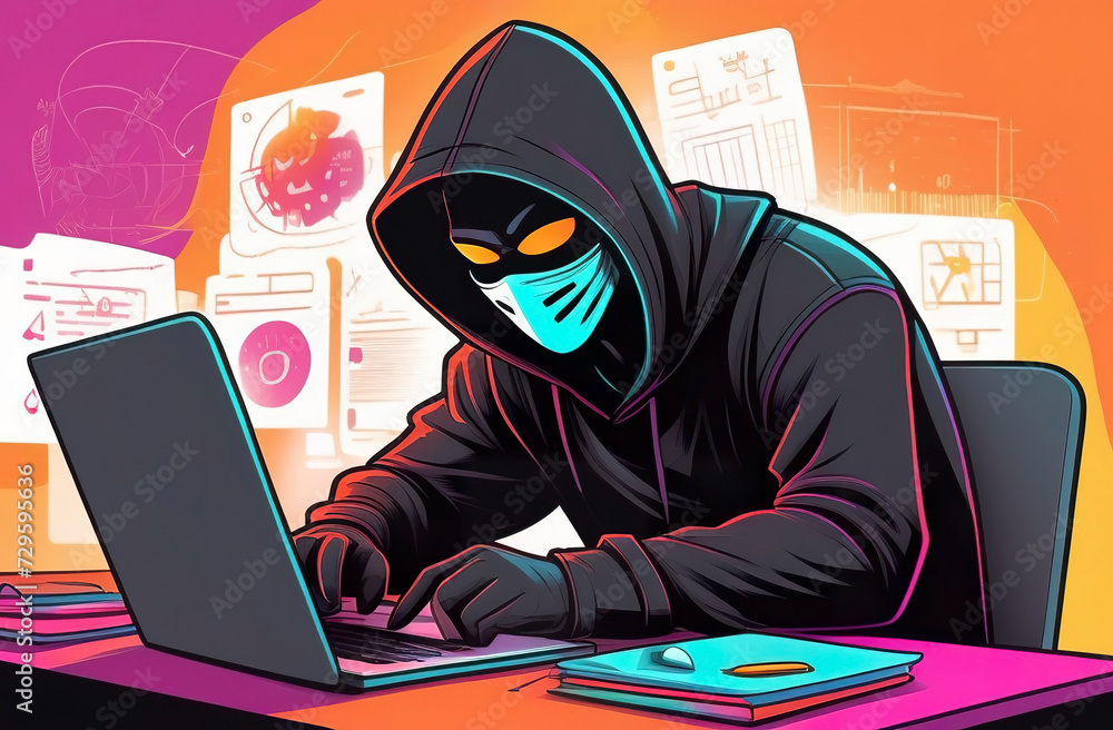 Hacker in a black hoodie with a hood pulled over his head sits at a ...