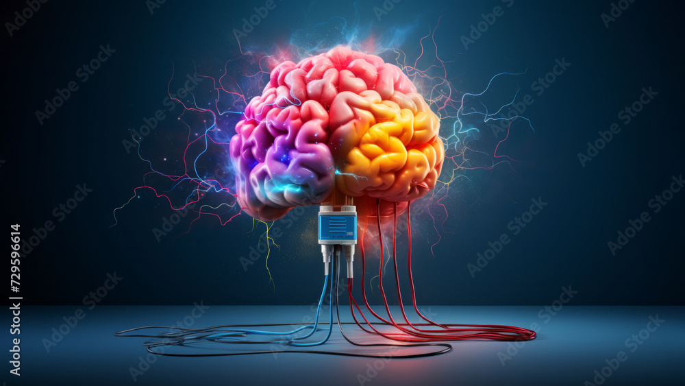 A human brain with dynamic glowing electric currents cables connected ...