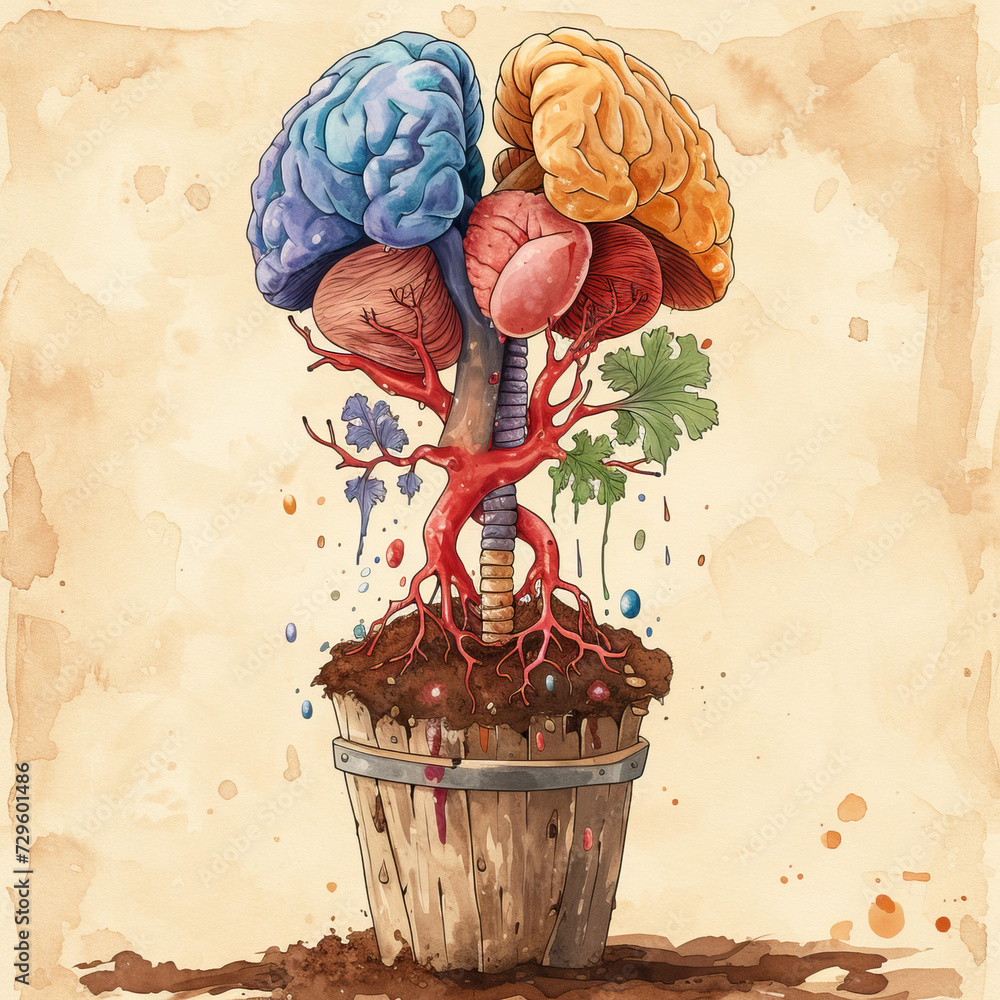illustration of group of vital organs merged with flowers of different ...
