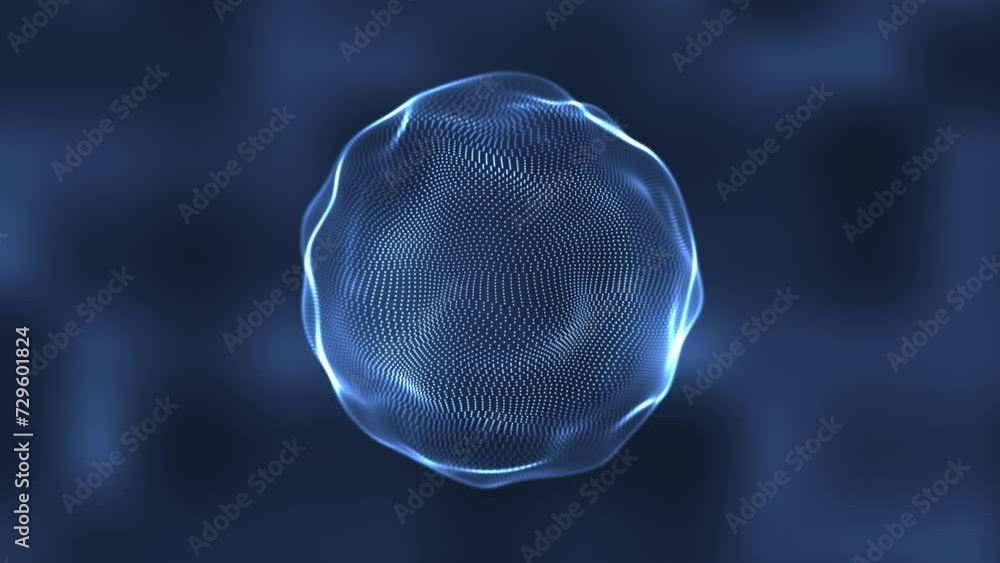 Light glowing synthetic liquid curved ball of dots on a blurred smoky ...