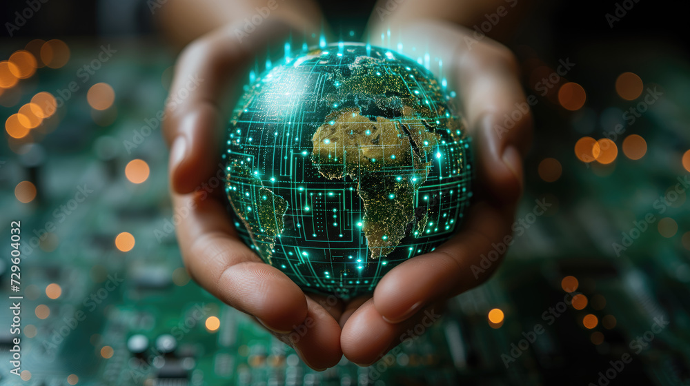 Cupped hands offer a glowing digital representation of Earth ...