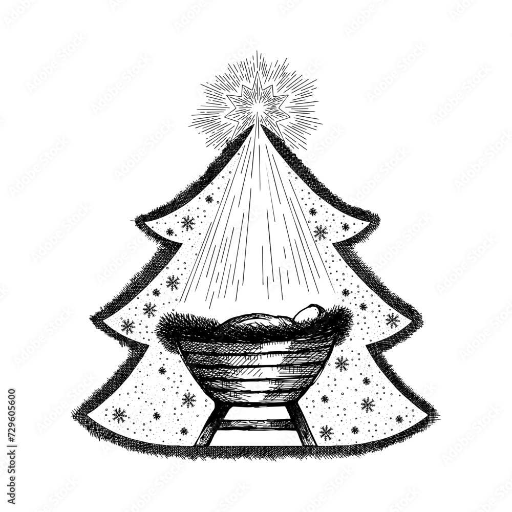 The Nativity Scene. A hand-drawn manger for the baby Jesus. The Star of ...