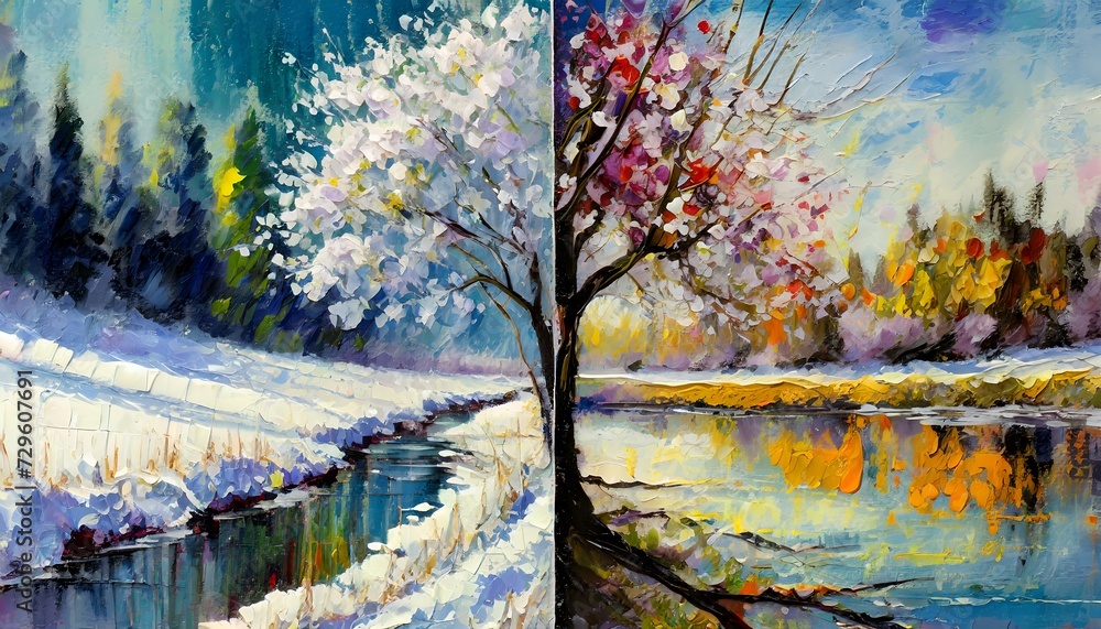impressionist-style split landscape painting with winter and spring ...