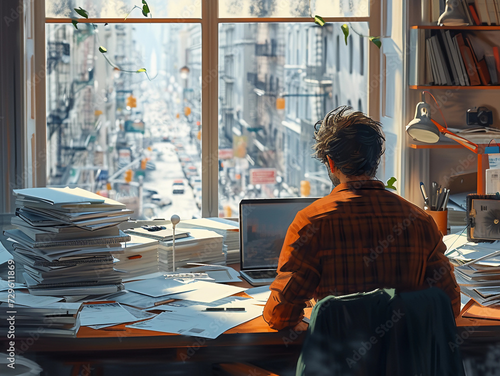 freelancer at a makeshift home office, surrounded by stacks of ...