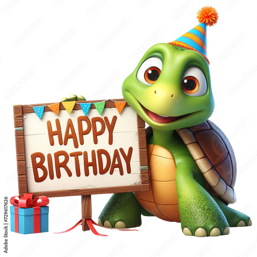 Cute Animal 3D Turtle Holding 'Happy Birthday' Board and Wearing Party ...