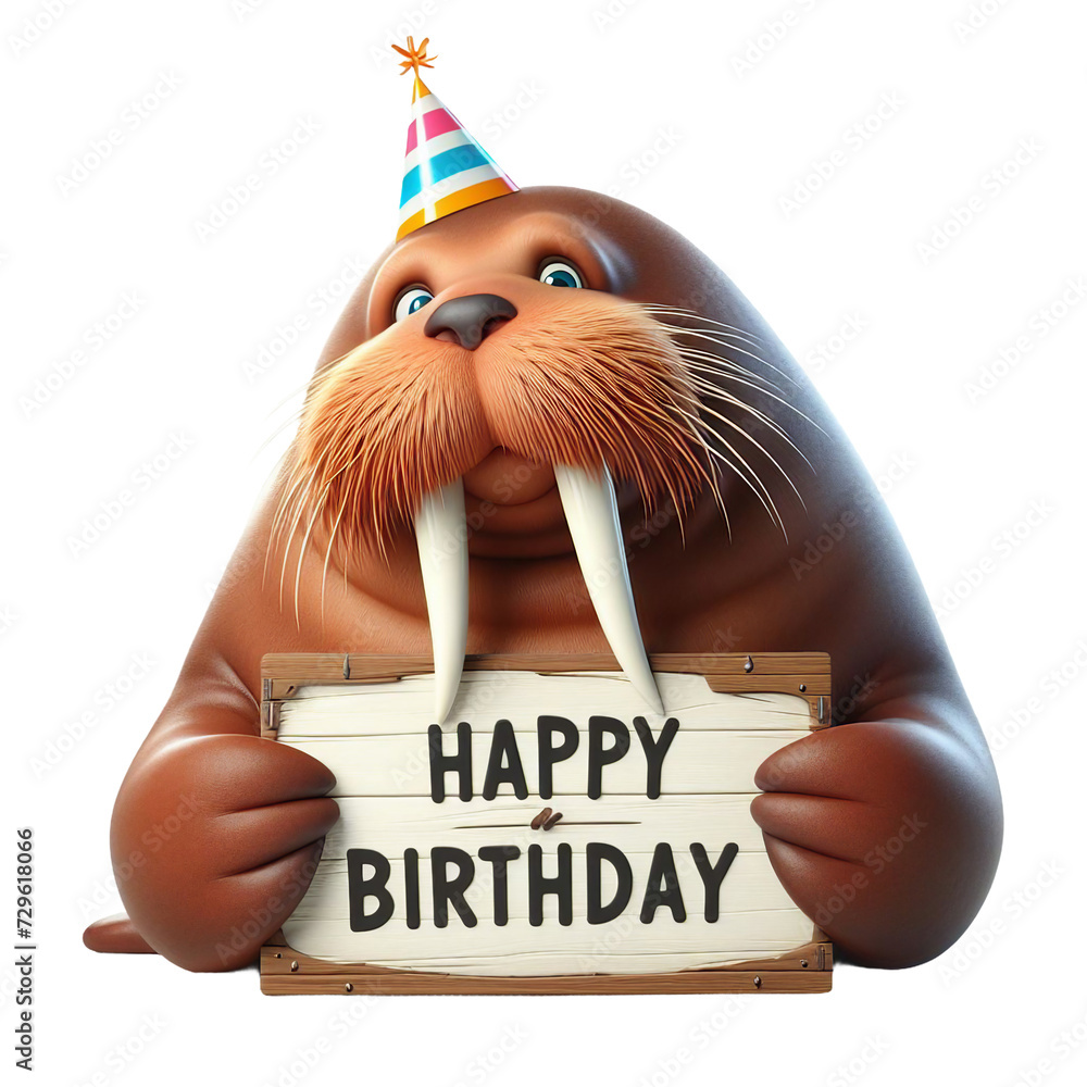 Cute Animal 3D Walrus Holding 'Happy Birthday' Board and Wearing Party ...