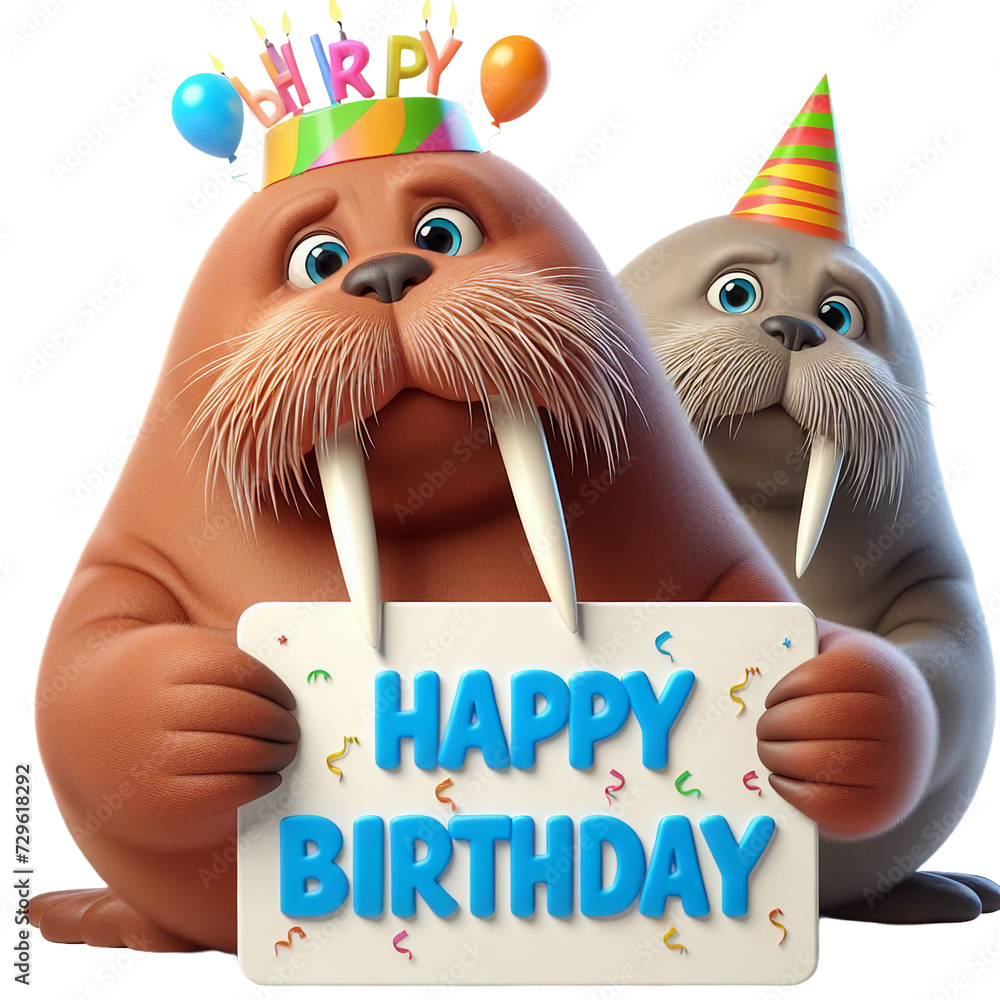 Cute Animal 3D Walrus Holding 'Happy Birthday' Board and Wearing Party ...