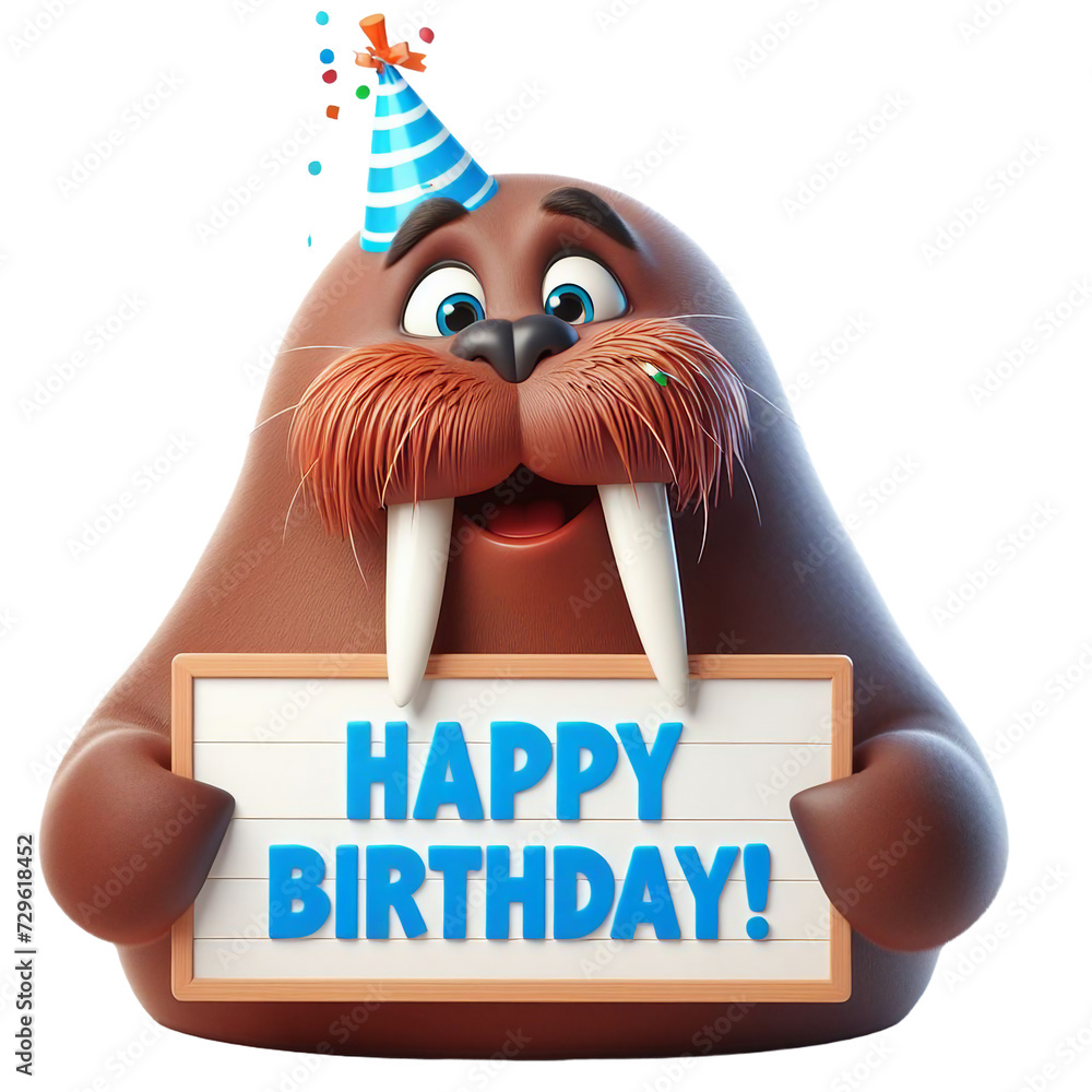 Cute Animal 3D Walrus Holding 'Happy Birthday' Board and Wearing Party ...