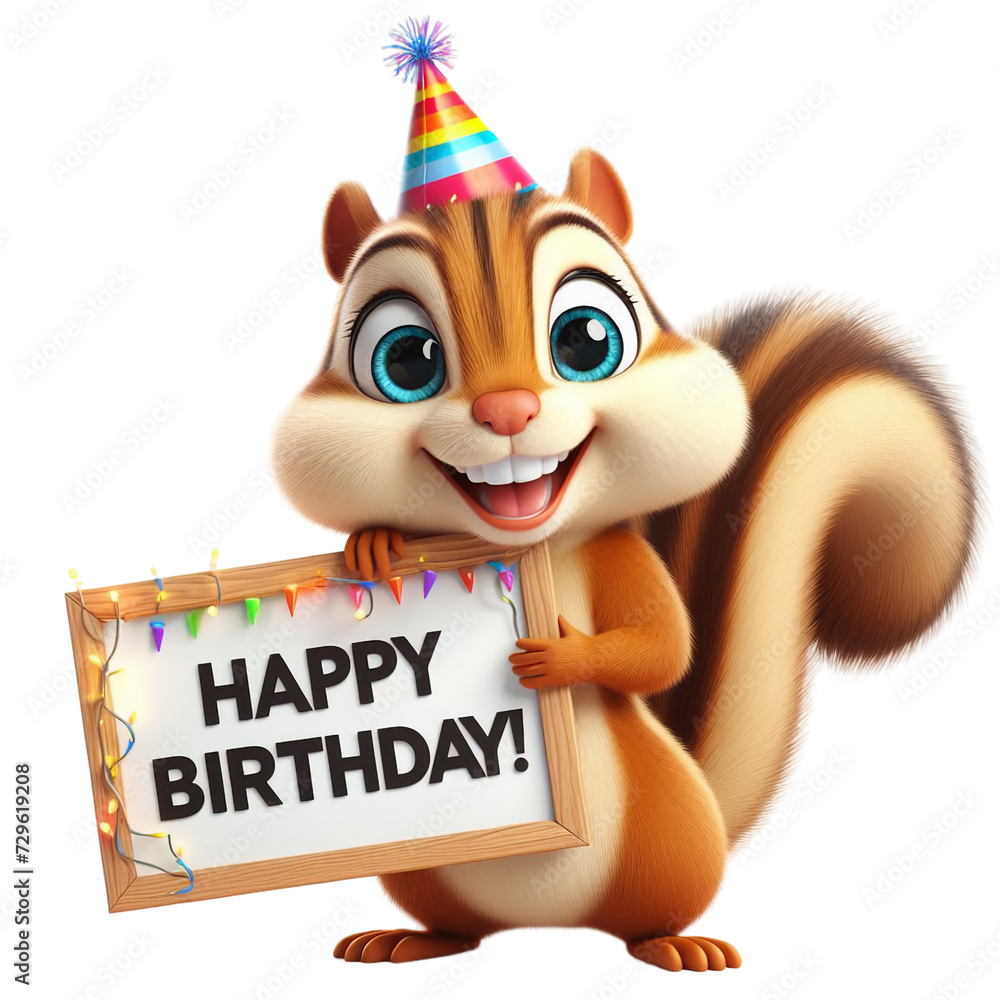 Cute Animal 3D Chipmunk Holding 'Happy Birthday' Board and Wearing ...