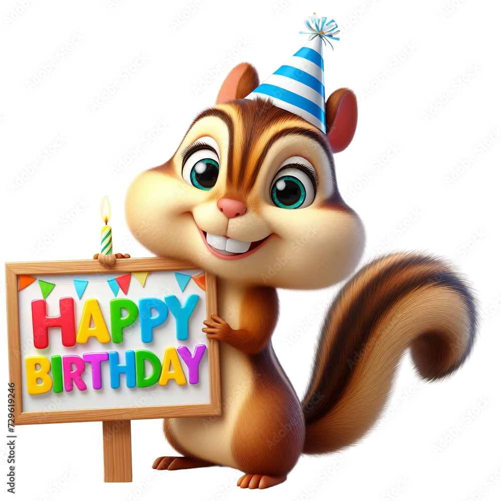 Cute Animal 3D Chipmunk Holding 'Happy Birthday' Board and Wearing ...