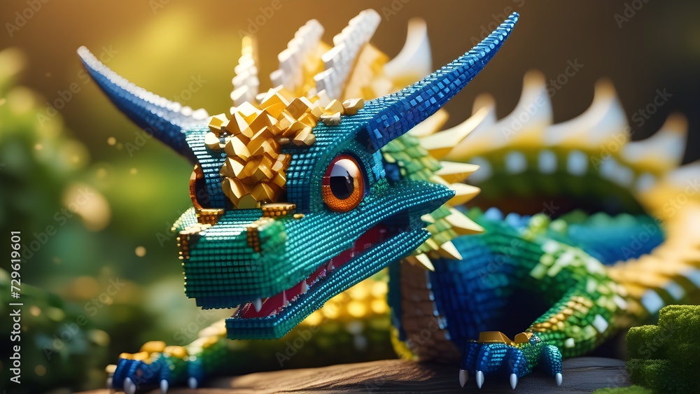 Voxel pixel art dragon. Cut dragon with big eyes, from small cubes ...