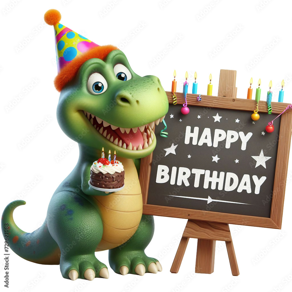 Cute Animal 3D Dinosaur Holding 'Happy Birthday' Board and Wearing ...