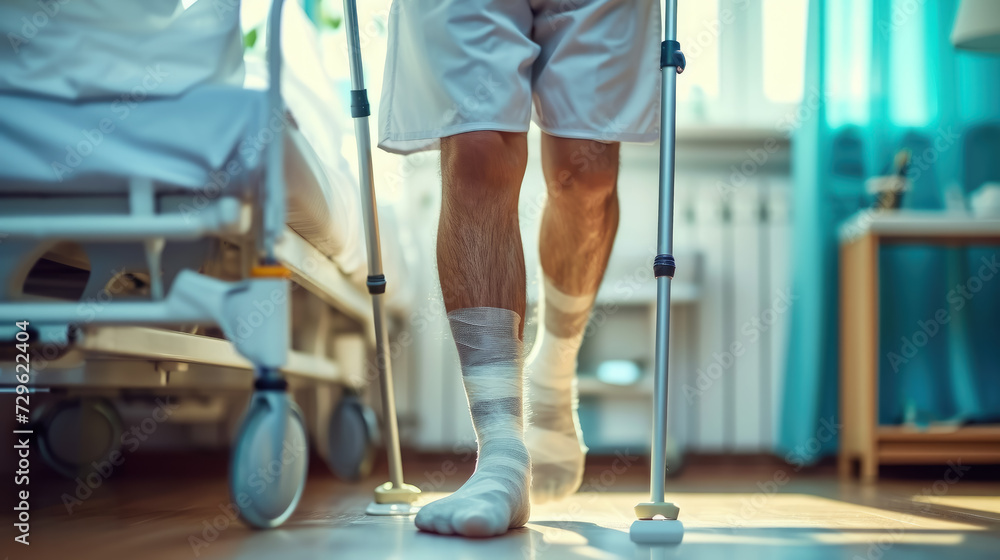 man with a broken leg in a cast, broken bones, medicine, crutches ...