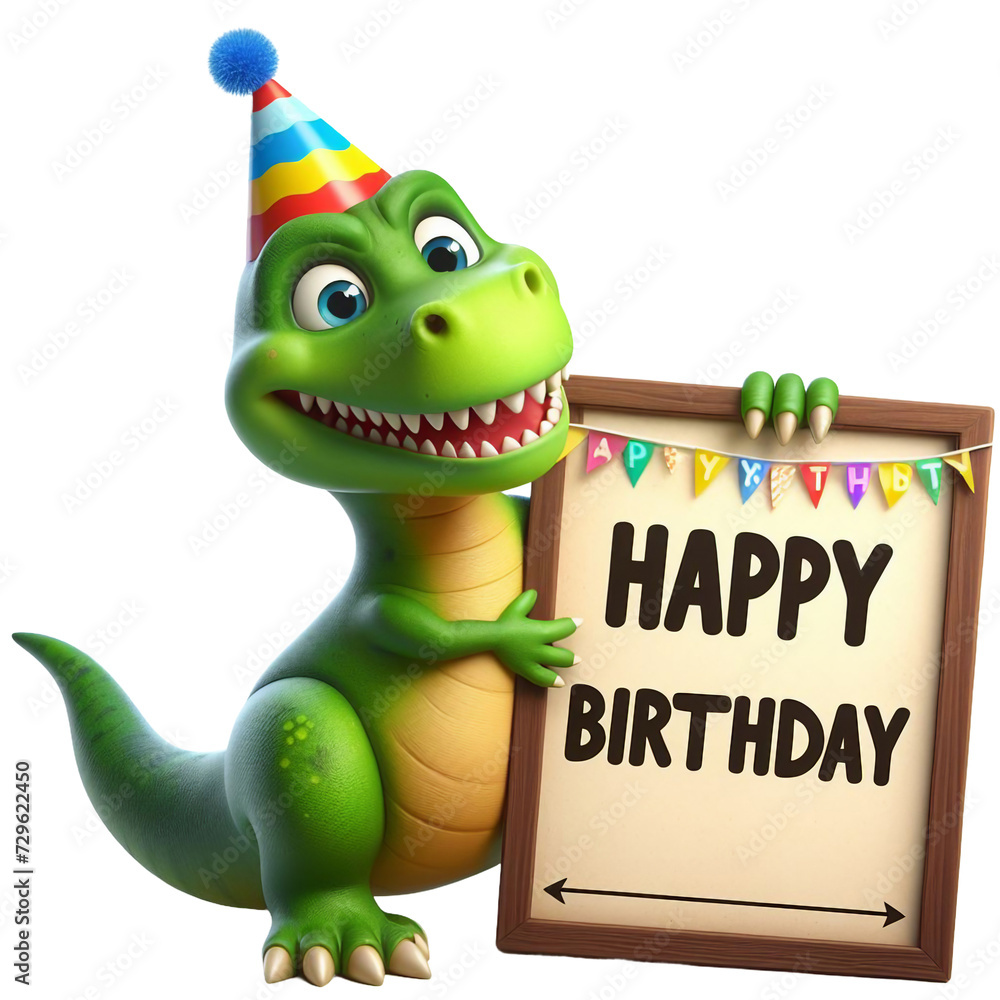 Cute Animal 3D Dinosaur Holding 'Happy Birthday' Board and Wearing ...