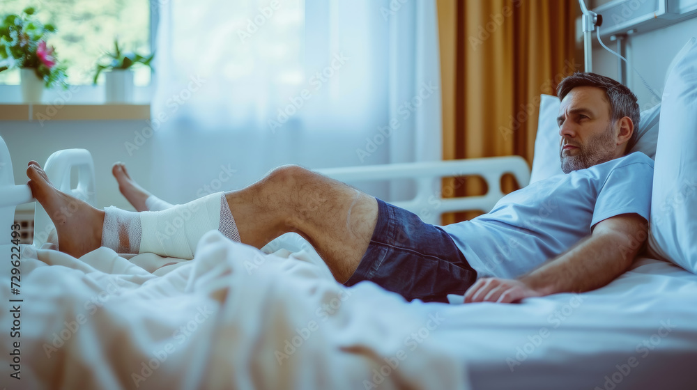 man with a broken leg in a cast, broken bones, medicine, crutches ...