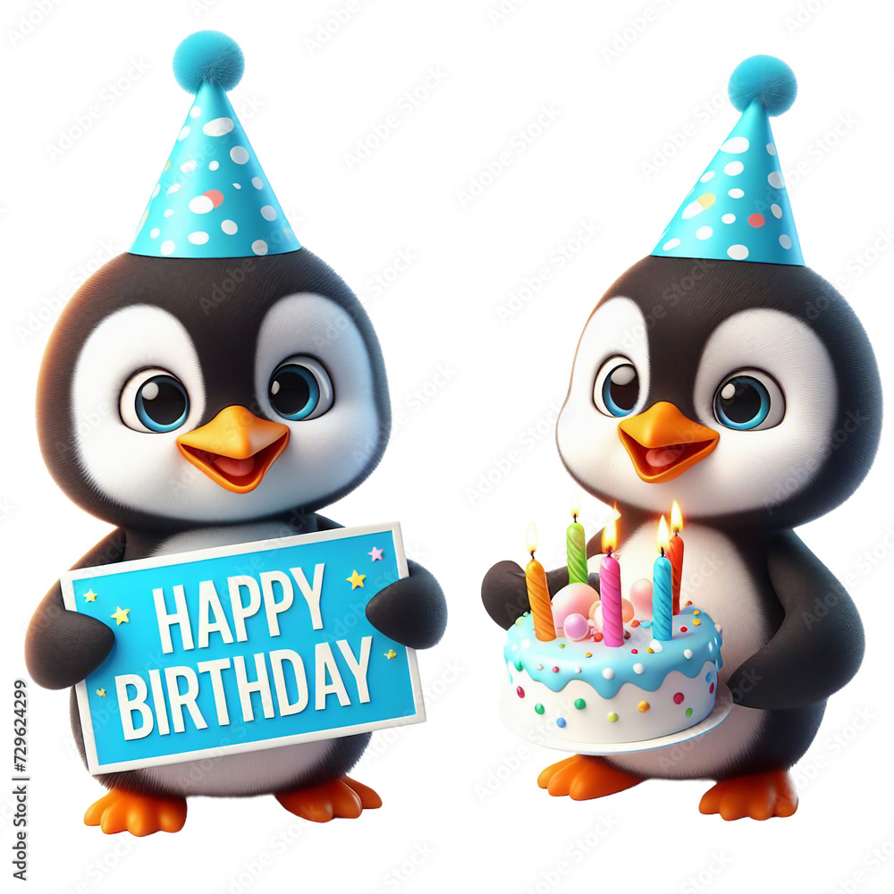 Cute Animal 3D Penguin Holding 'Happy Birthday' Board and Wearing Party ...