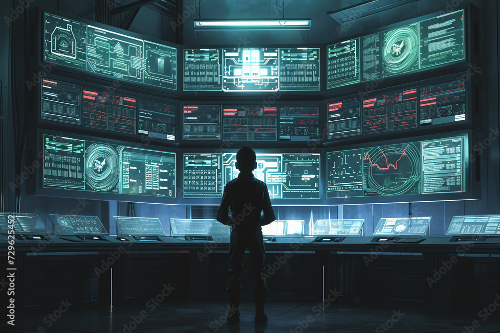 Foto de In the System Control Room Technical Operator Stands and Monitors Various Activities ...