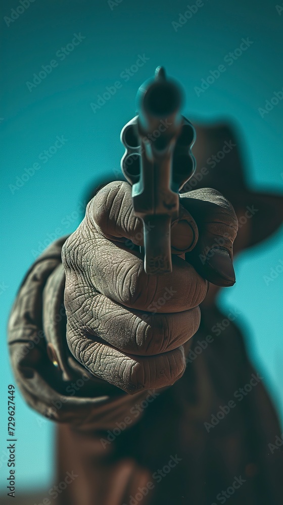Representation of a cowboy with a firm gesture pointing his gun and a ...