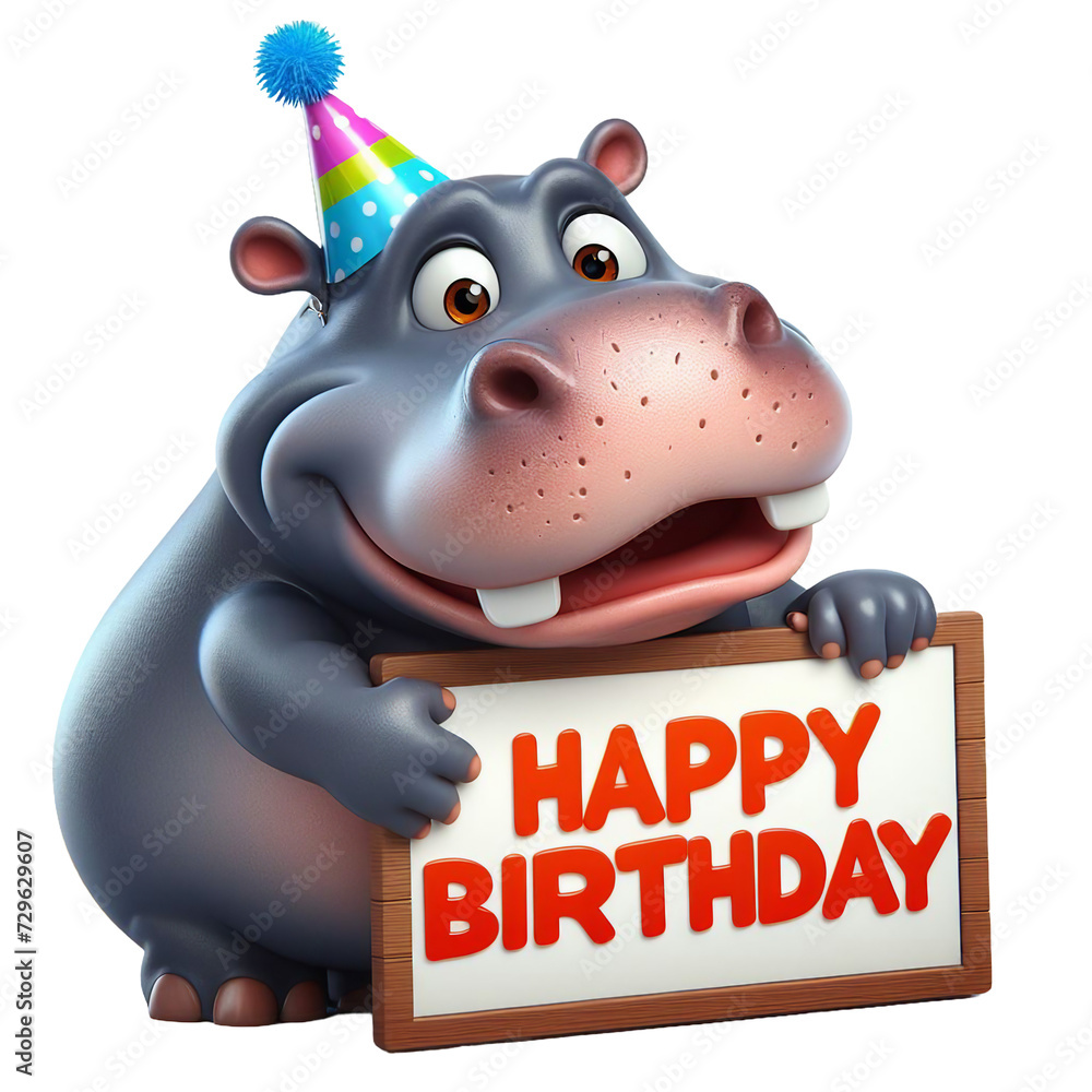 Cute Animal 3D Hippo Holding 'Happy Birthday' Board and Wearing Party ...