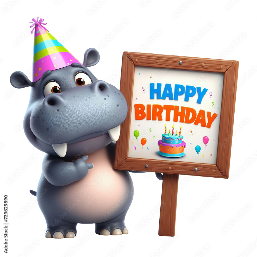 Cute Animal 3D Hippo Holding 'Happy Birthday' Board and Wearing Party ...