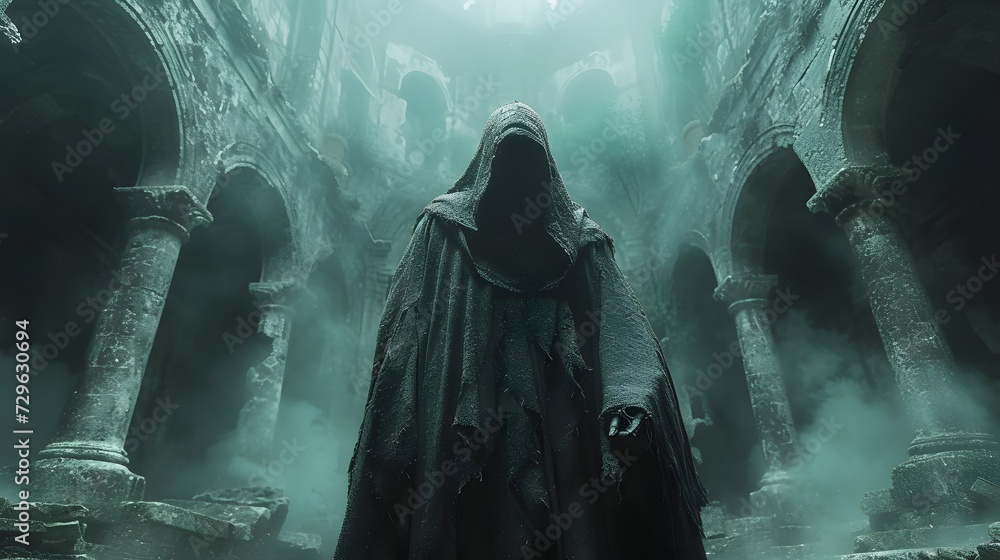 Epic cinematic shoulder still of dark mage wearing a dark cloth cloak ...