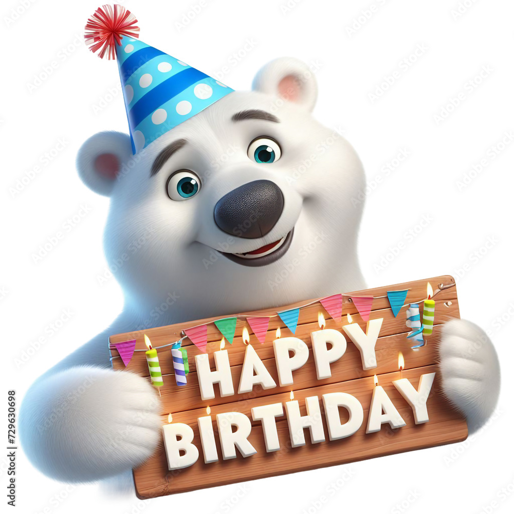Cute Animal 3D Polar Bear Holding 'Happy Birthday' Board and Wearing ...