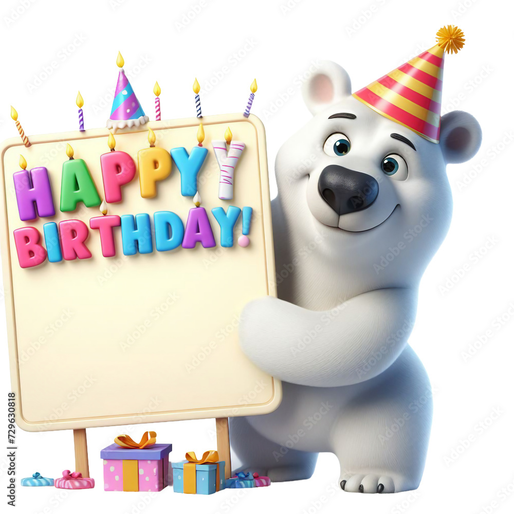 Cute Animal 3D Polar Bear Holding 'Happy Birthday' Board and Wearing ...
