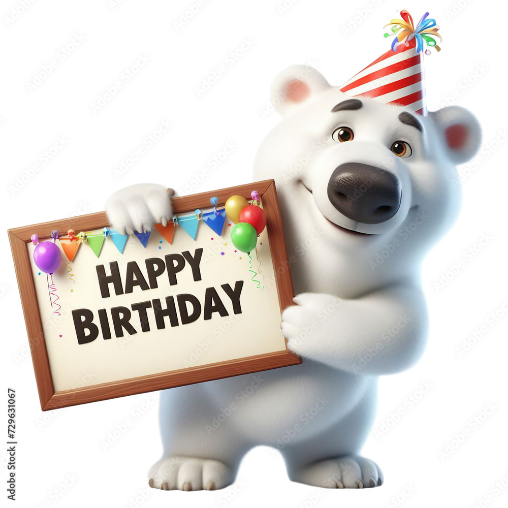 Cute Animal 3D Polar Bear Holding 'Happy Birthday' Board and Wearing ...