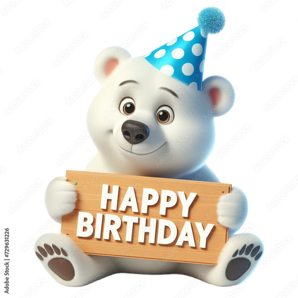 Cute Animal 3D Polar Bear Holding 'Happy Birthday' Board and Wearing ...