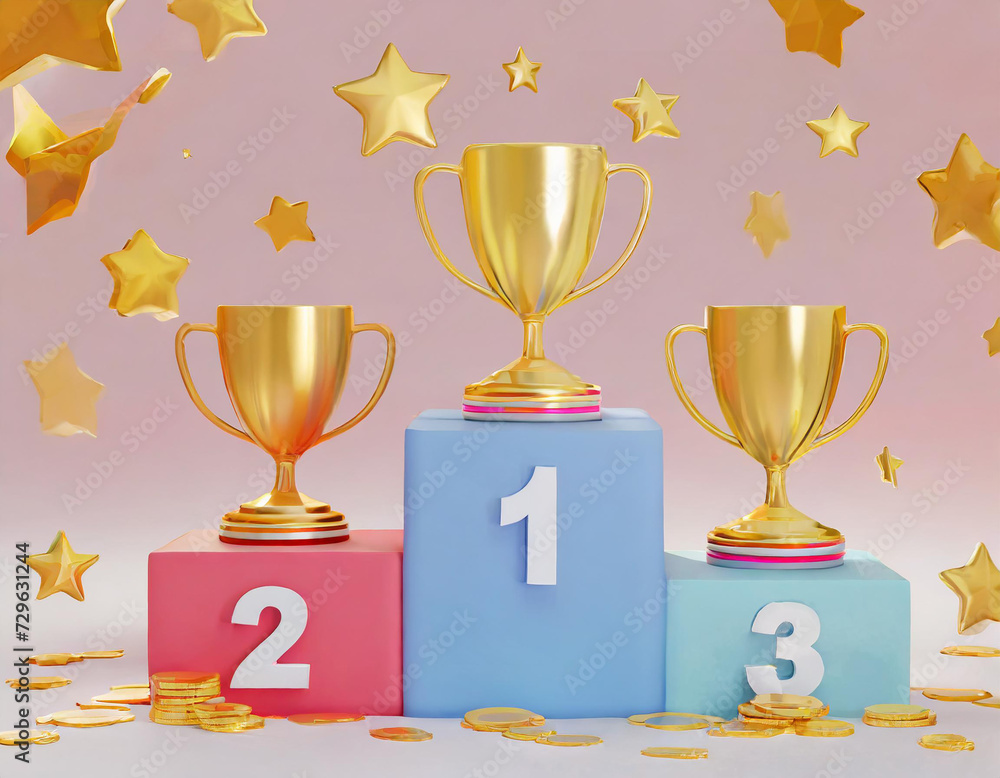 Winners podium with cups, gold winners, and gold stars. First and ...