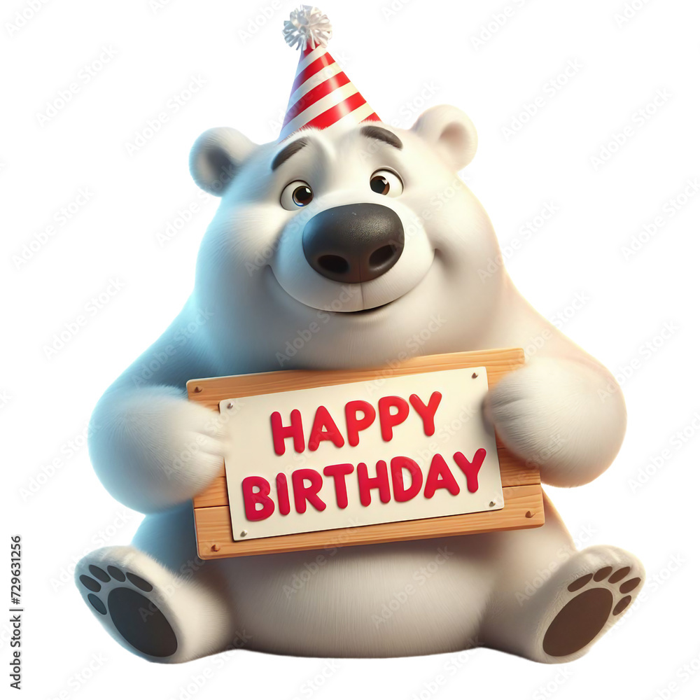 Cute Animal 3D Polar Bear Holding 'Happy Birthday' Board and Wearing ...