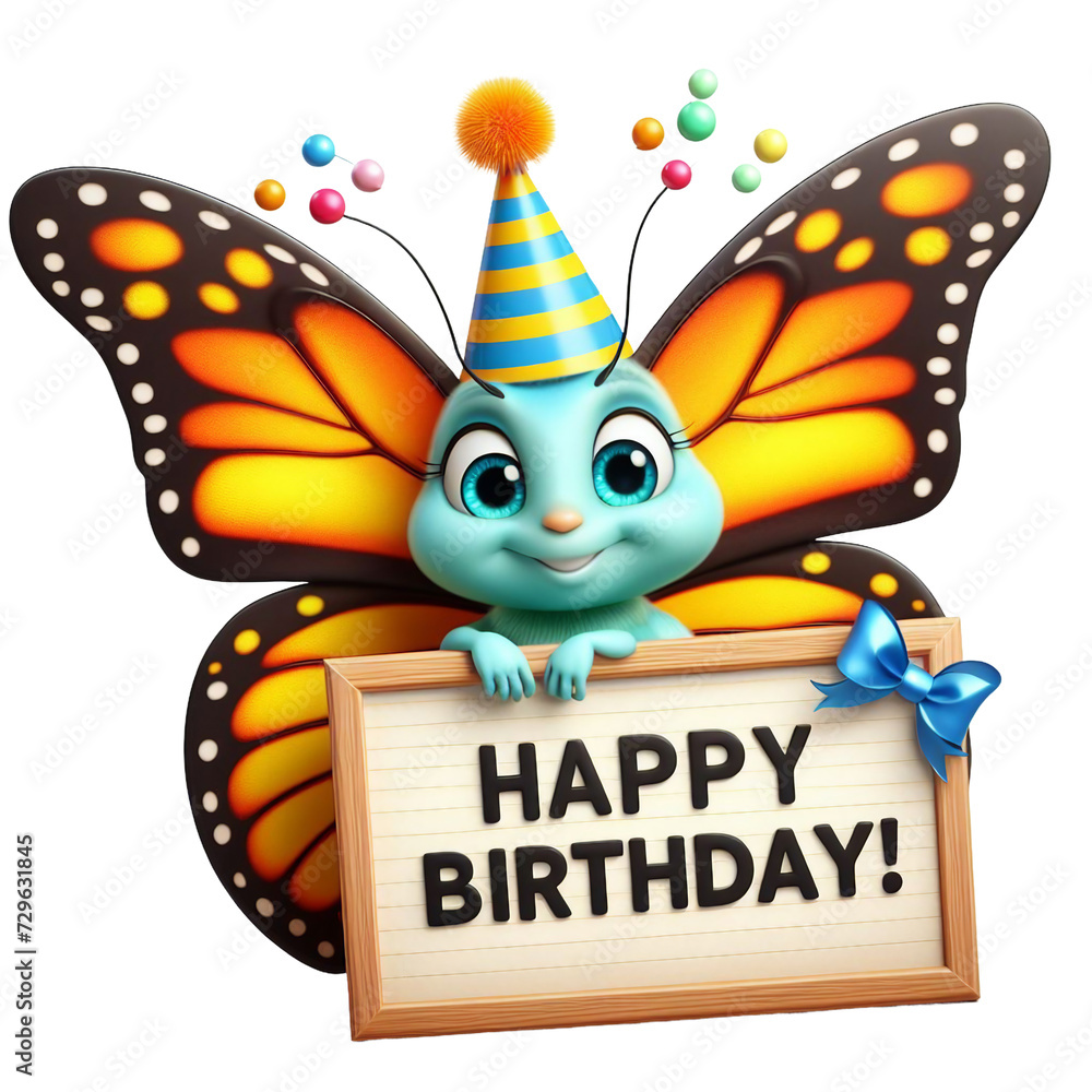 Cute Animal 3D Butterfly Holding 'Happy Birthday' Board and Wearing ...