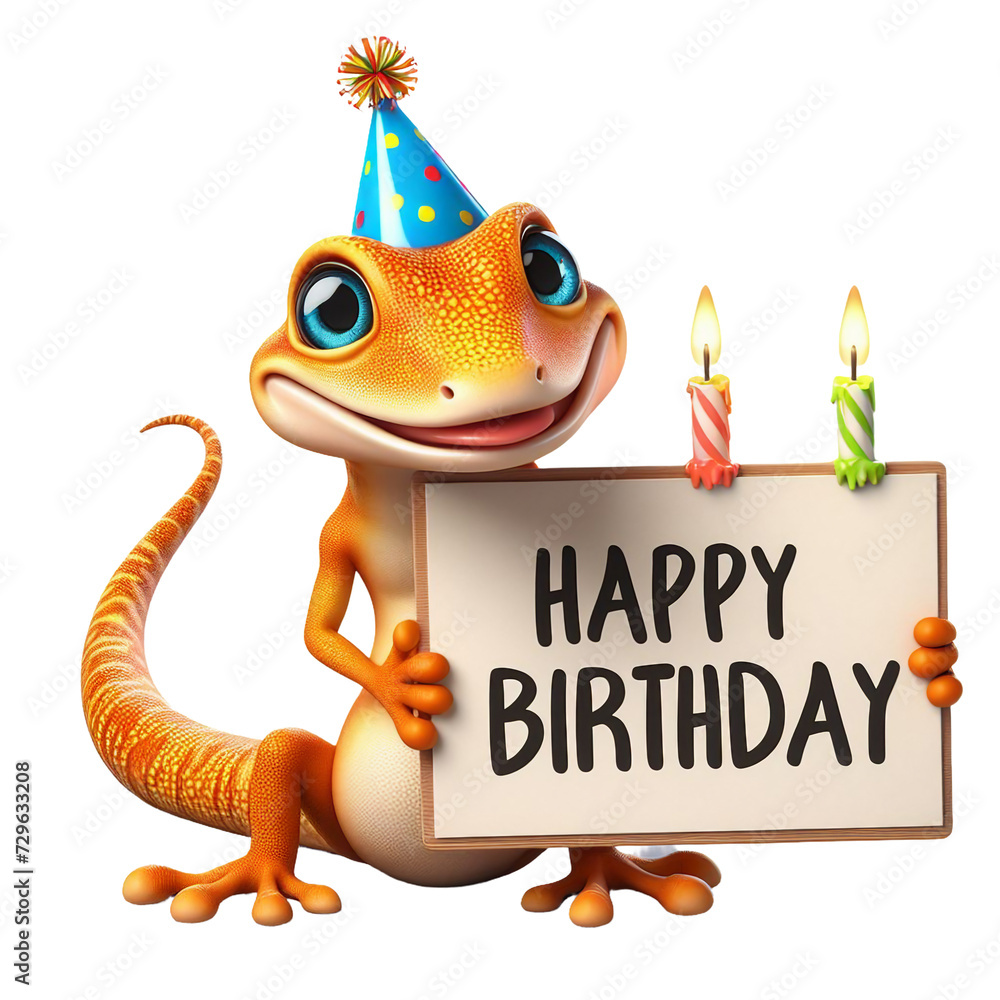 Cute Animal 3D Gecko Holding 'Happy Birthday' Board and Wearing Party ...