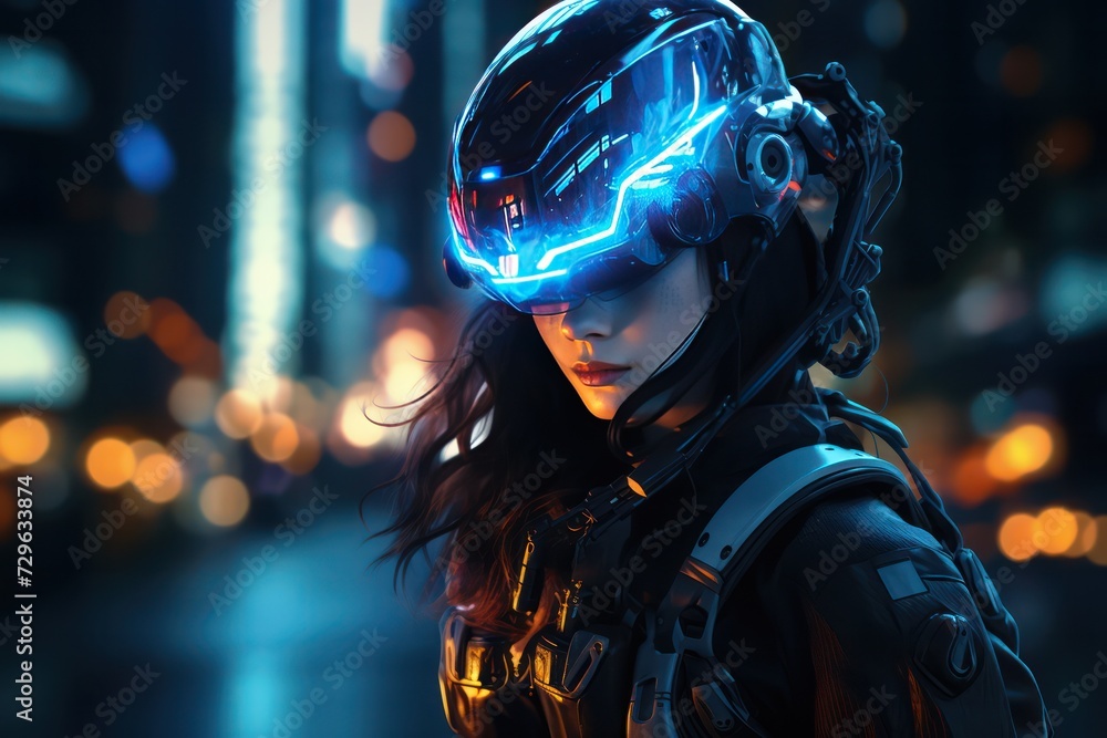 half woman half cyborg in helmet and outfit in cyberpunk style in night ...