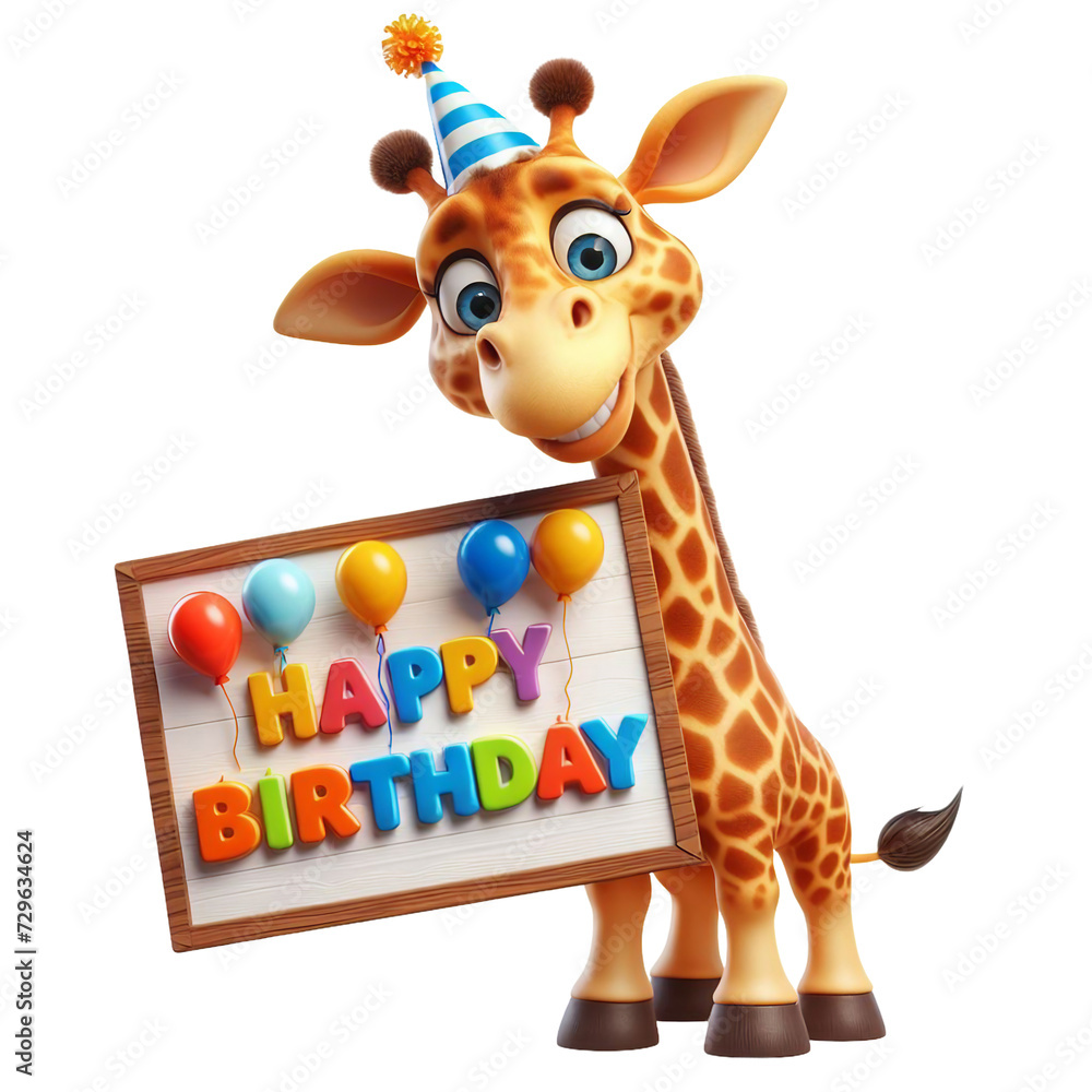 Cute Animal 3D Giraffe Holding 'Happy Birthday' Board and Wearing Party ...