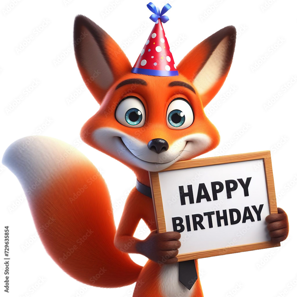 Cute Animal 3D Fox Holding 'Happy Birthday' Board and Wearing Party Cap ...