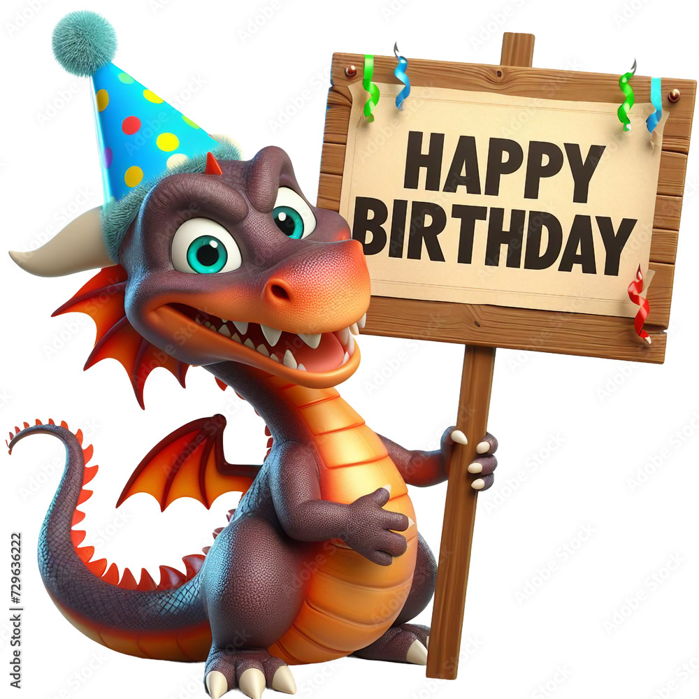 Cute Animal 3D Dragon Holding 'Happy Birthday' Board and Wearing Party ...