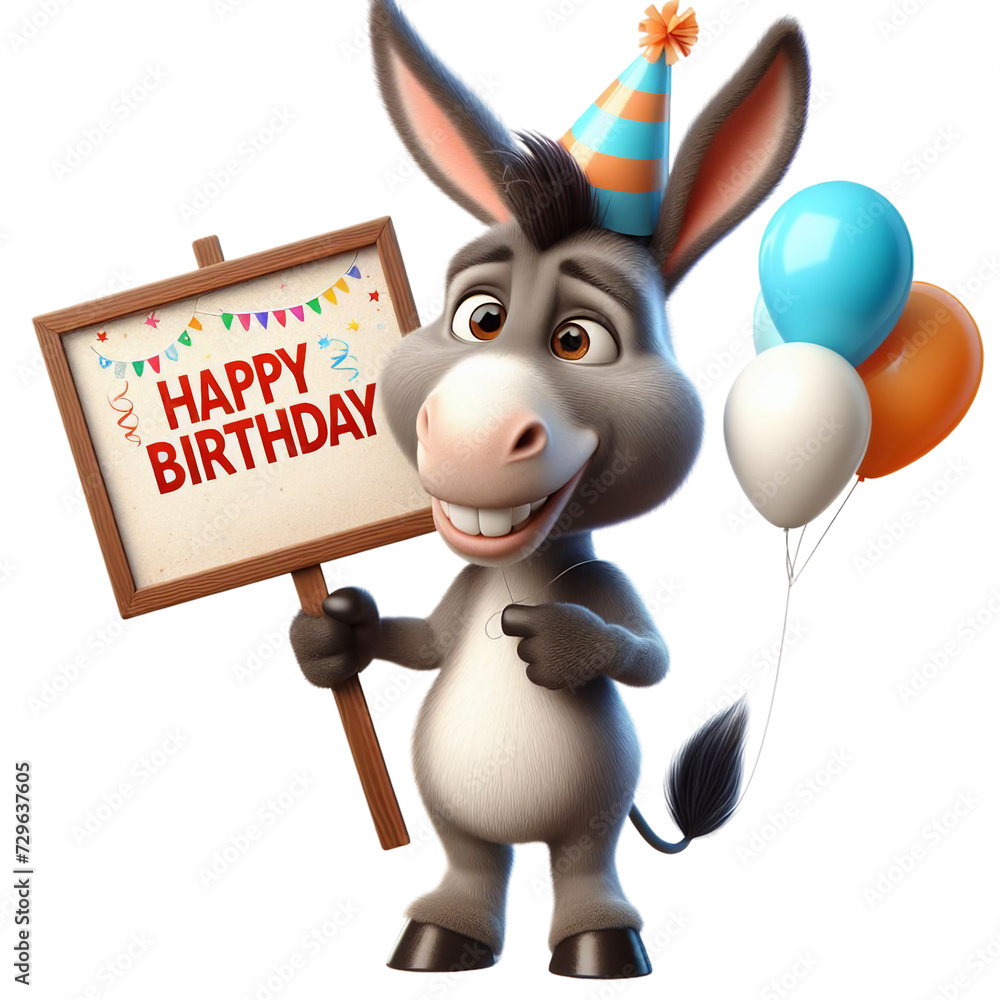 Cute Animal 3D Donkey Holding 'Happy Birthday' Board and Wearing Party ...