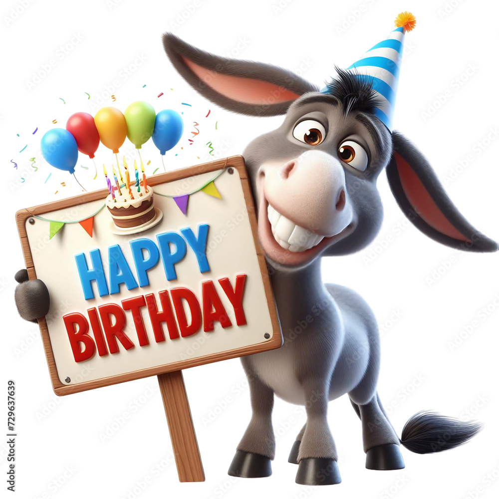 Cute Animal 3D Donkey Holding 'Happy Birthday' Board and Wearing Party ...