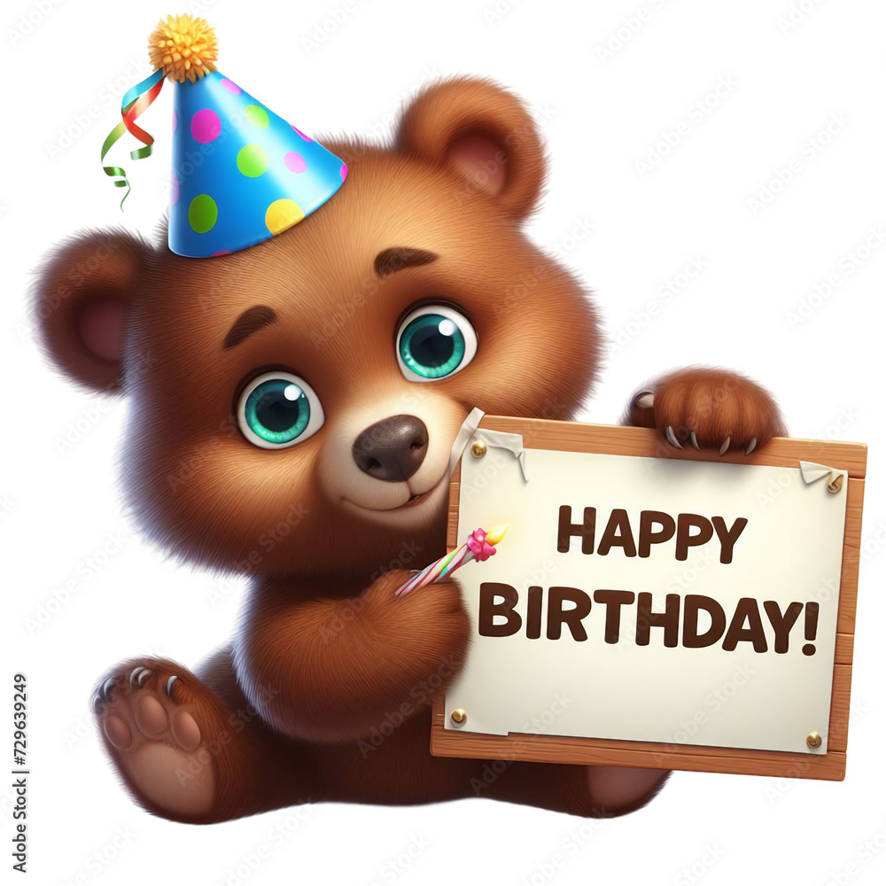 Cute Animal 3D Bear Cub Holding 'Happy Birthday' Board and Wearing ...