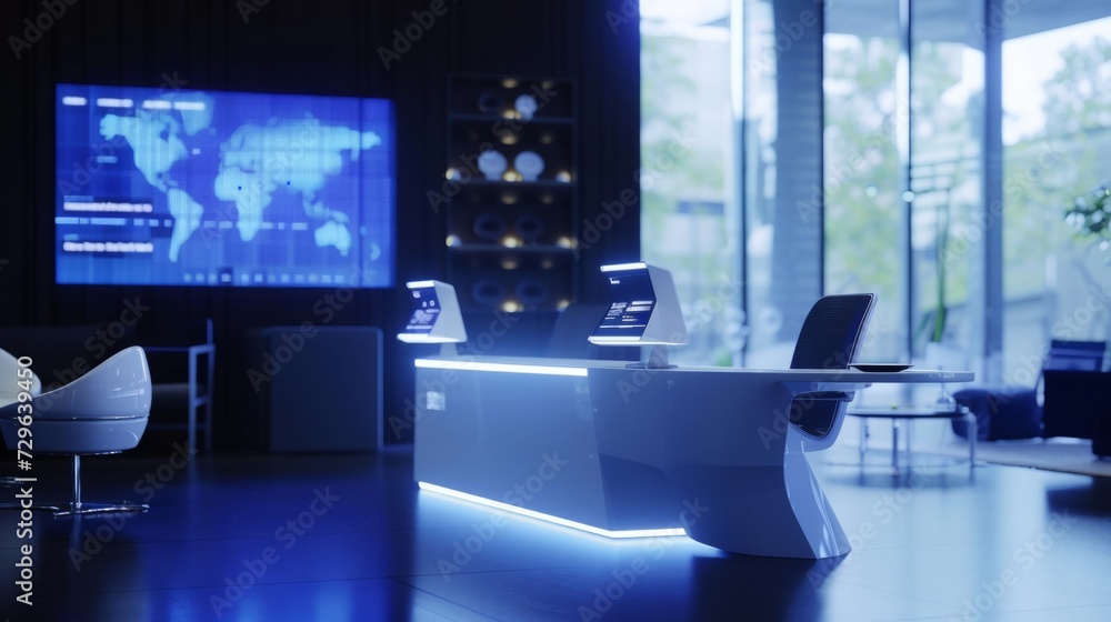 Sleek modern reception desk with interactive displays in a corporate ...